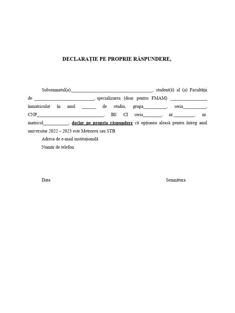 Declaratie Pe Propria Raspundere | PDF