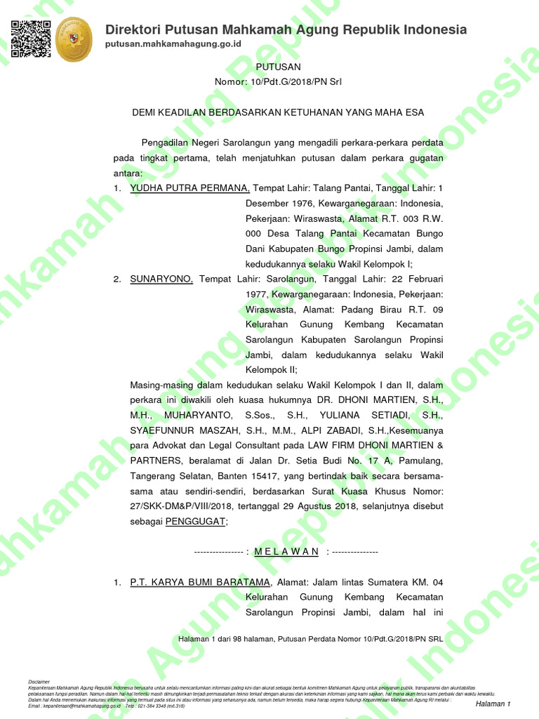 Putusan Perdata No. 10/Pdt.G/2018 | PDF