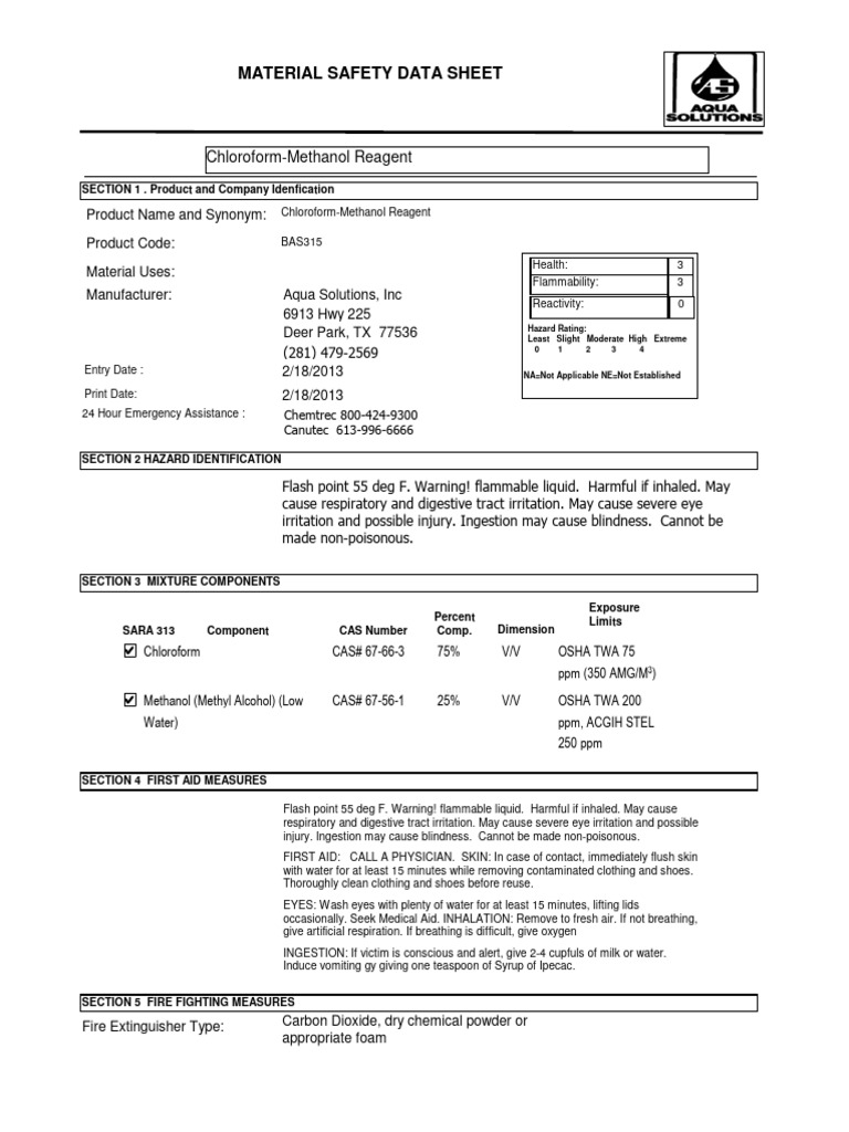 Chloroform Methanol | PDF | Personal Protective Equipment | Toxicity