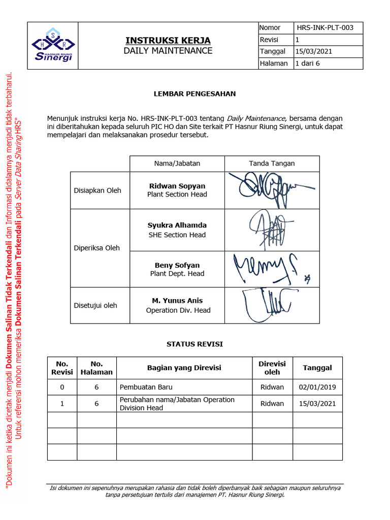 HRS INK PLT 003 Daily Maintenance - Rev.1 | PDF