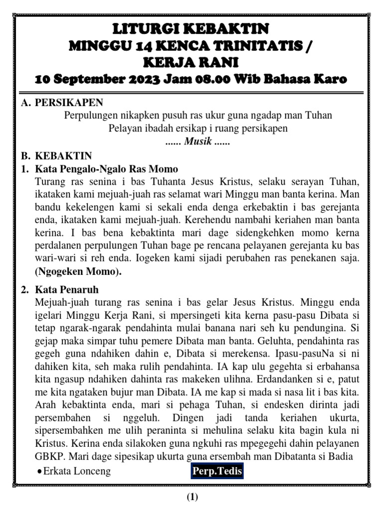 14 Lit Minggu 14 Kenca Trinitatis Kerja Rani 10-09-23 Bhs - Karo | PDF