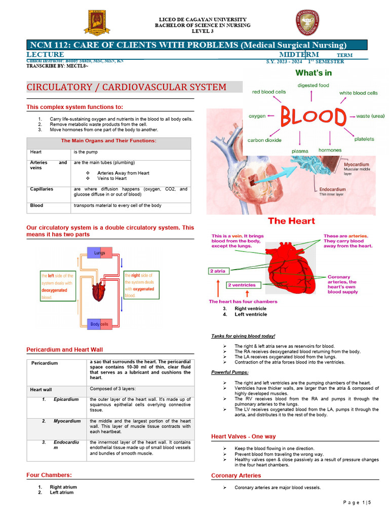 MEDSURG - Lec 5 - MIDTERM - Cardiovascular System (In Progress) | PDF ...