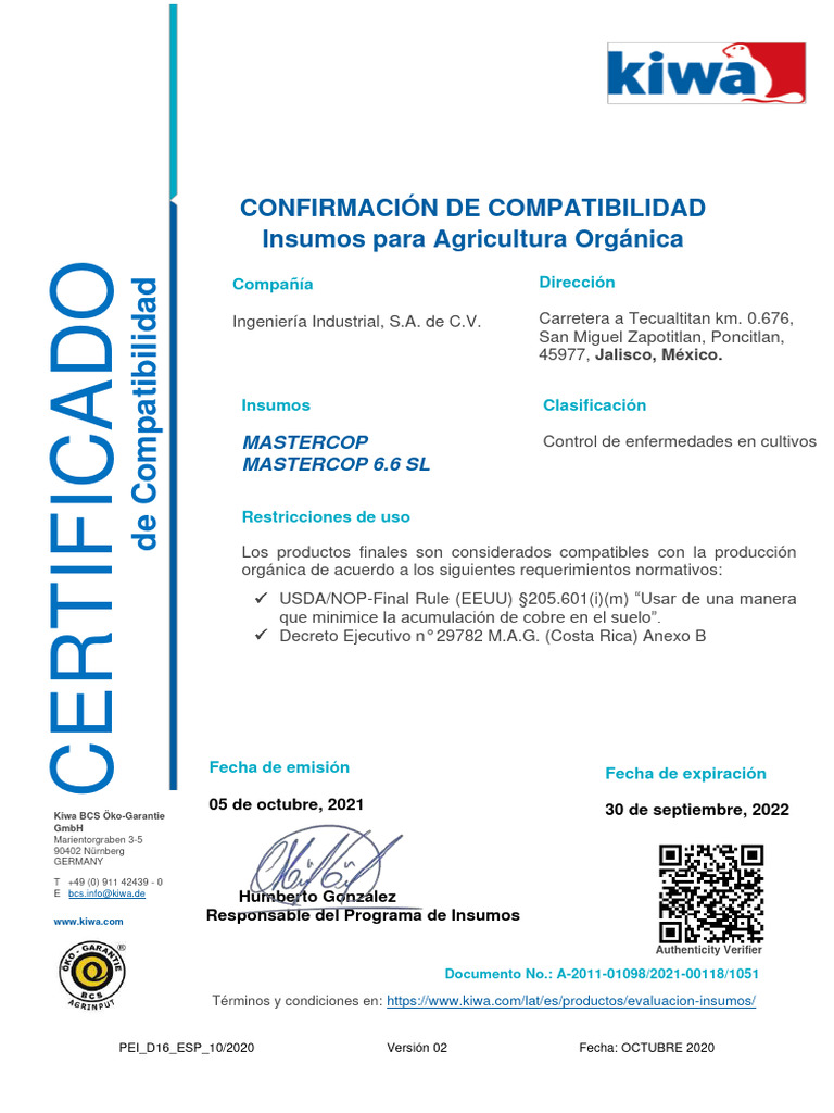 MASTERCOP Certificacion Organica KIWA 30set2022 | PDF