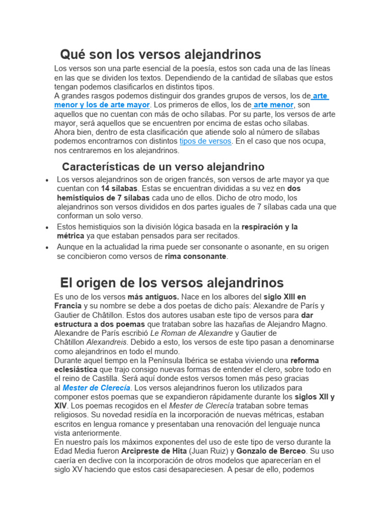 Definición y ejemplos de versos alejandrinos | PDF