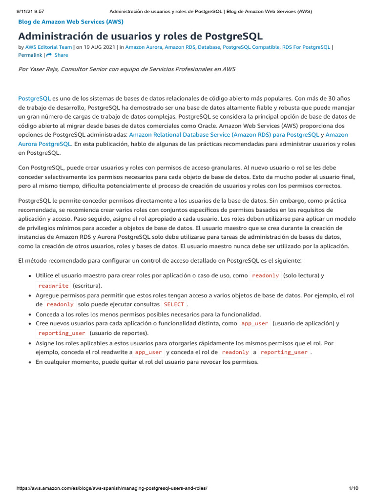 Administración de Usuarios y Roles de PostgreSQL - Blog de Amazon Web Services (AWS) | PDF