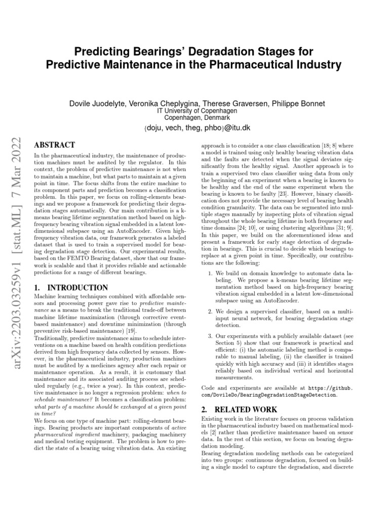 Predicting Bearings' Degradation Stages For Predictive Maintenance in The Pharmaceutical ...
