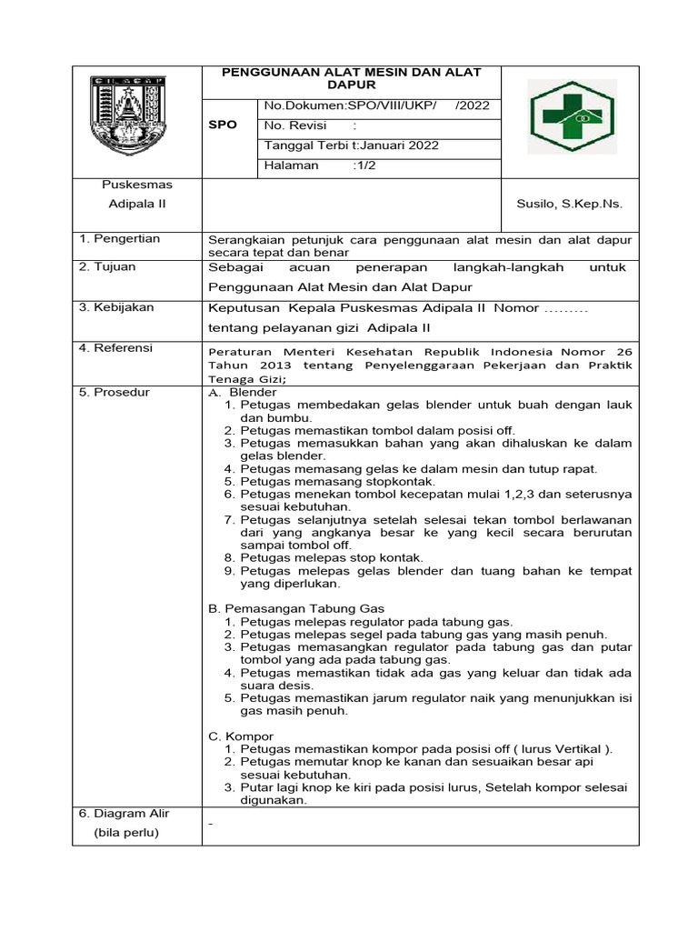 SOP PENGGUNAAN ALAT DAN MESIN DAPUR | PDF