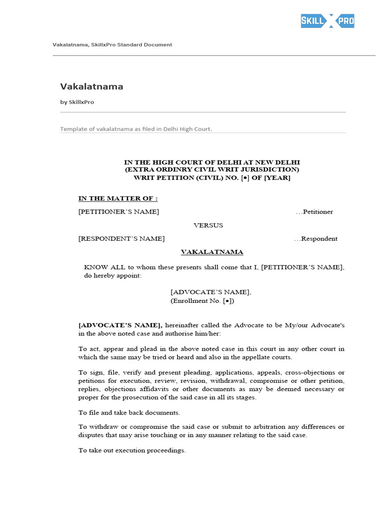 26 - Draft Vakalatnama (Writ) | PDF