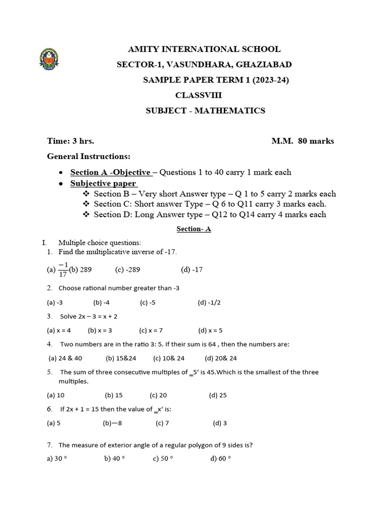 Class 8 Math Sample Paper 2023-24 | PDF