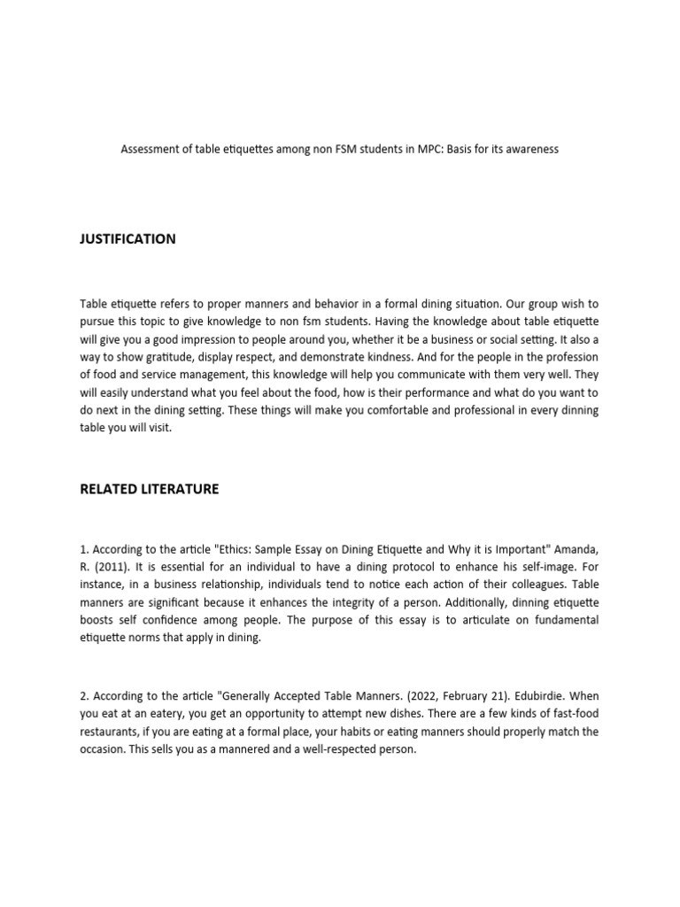 Research Title. Table Etiquette | PDF