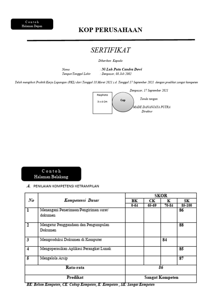 Contoh Sertifikat PKL 2021. | PDF