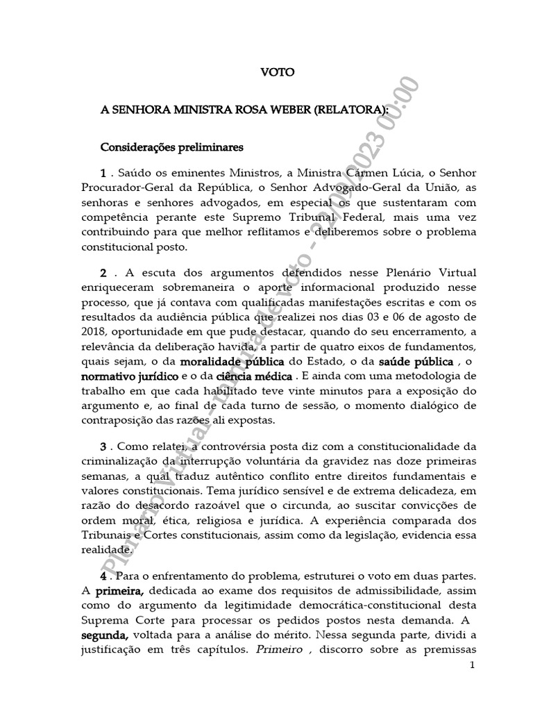 Voto Rosa Weber Descriminalizacao Aborto | PDF Voto Rosa Weber Descriminalizacao Aborto | PDF