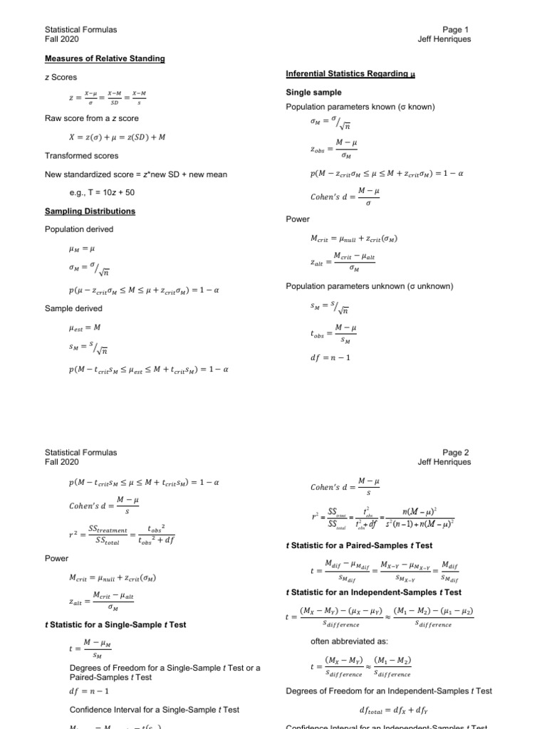 Formulas and Tables For Exams | PDF