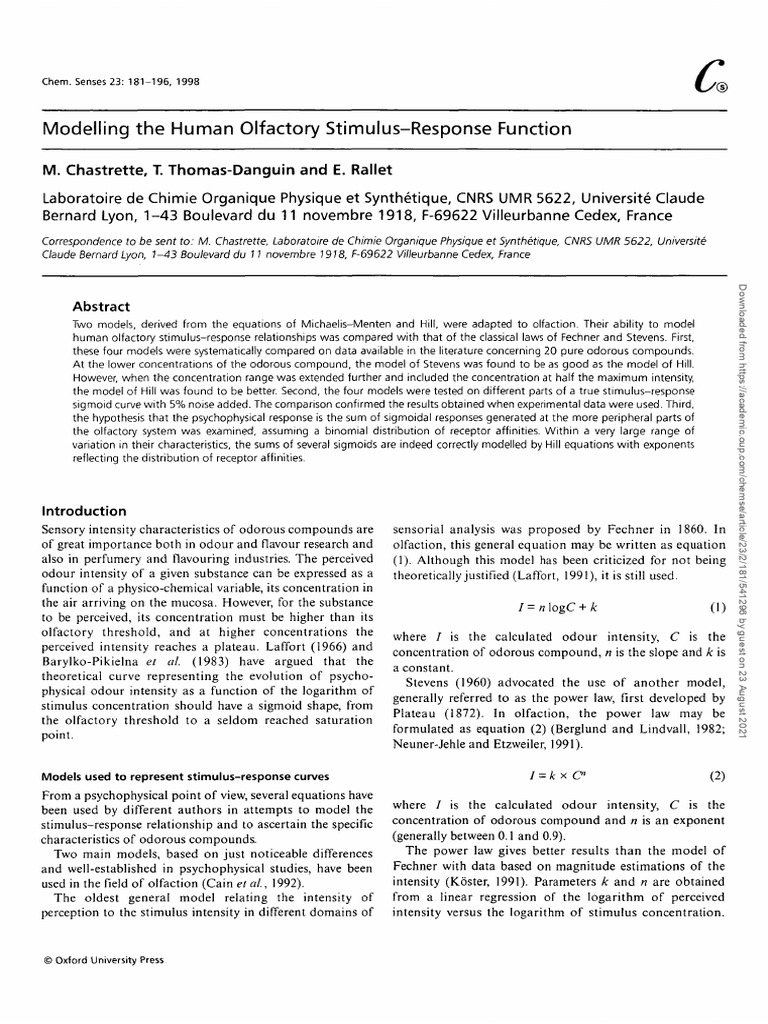 Modelling The Human Olfactory Stimulus Response Function | PDF | Regression Analysis | Psychophysics