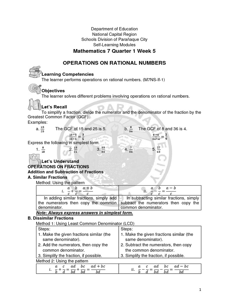 Mathematics7 Quarter1 Module5 Week5 | PDF | Division (Mathematics) | Mathematical Objects