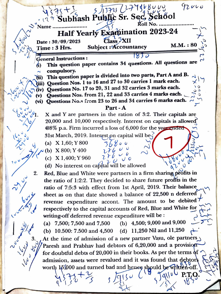 Accounts Question Paper Half Year Exams 2023-24 SPS | PDF