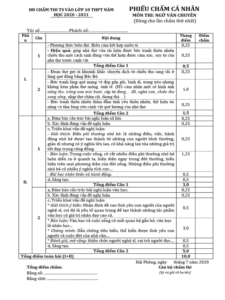Phieu Cham Van Chuyen 20202021 | PDF