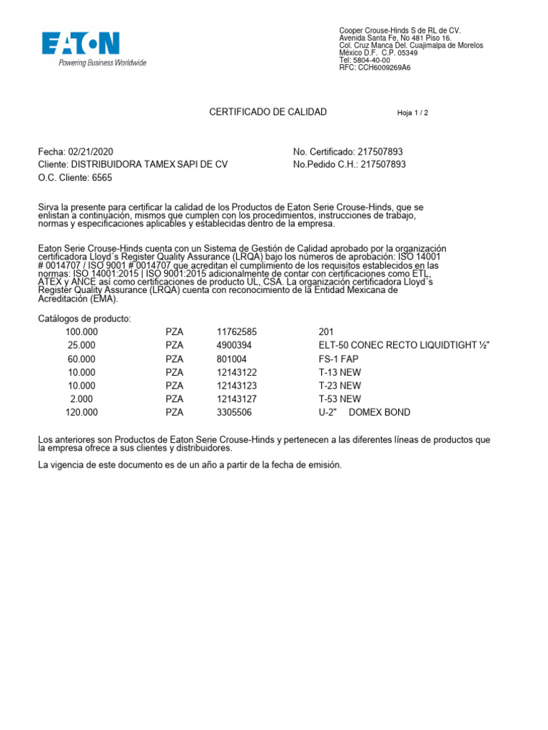 Eaton Quality Certificate 0217507893 6565 | PDF