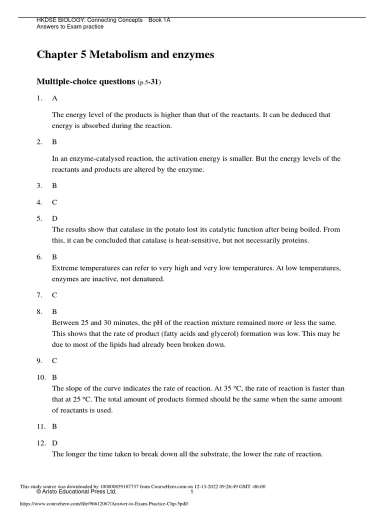 Answer To Exam Practice CHP 5 PDF | PDF | Enzyme | Active Site