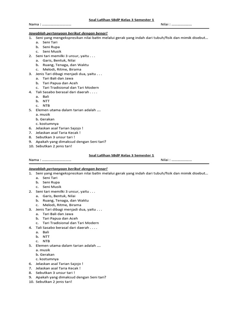 Soal Latihan SBDP Kelas 3 | PDF