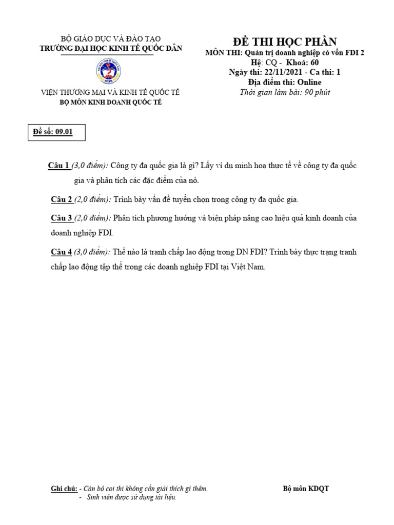 Đề 1 Quan tri DN co von FDI 2 2021 | PDF