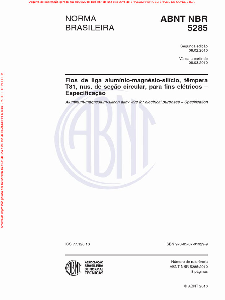 NBR 5285 - 2010 - Fios de Liga Têmpera T81 Seção Circular | PDF
