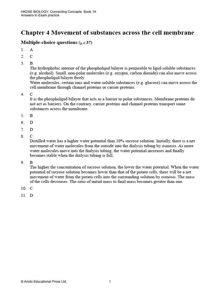 Chapter 4 Movement of Substances Across The Cell Membrane: Multiple ...