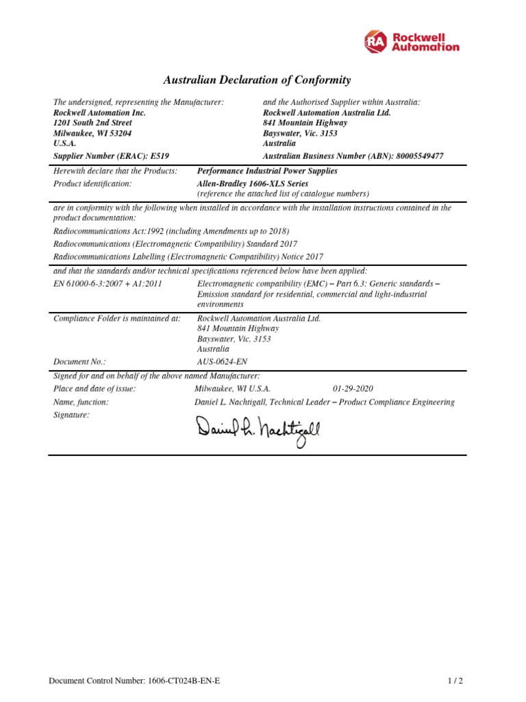 Australian Declaration of Conformity: Document Control Number: 1606 ...