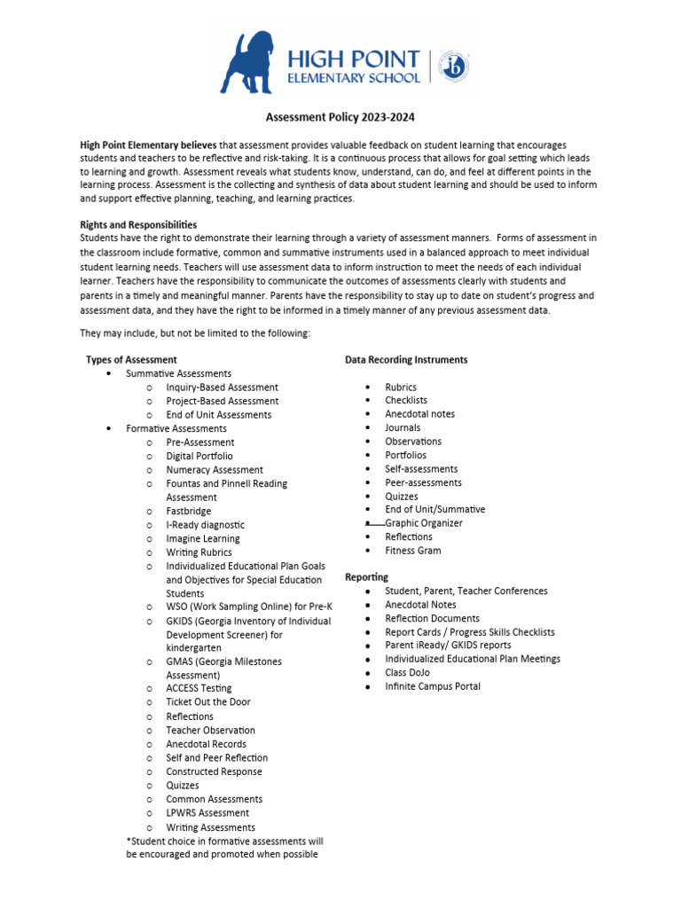 High Point Elementary Assessment Policy | PDF