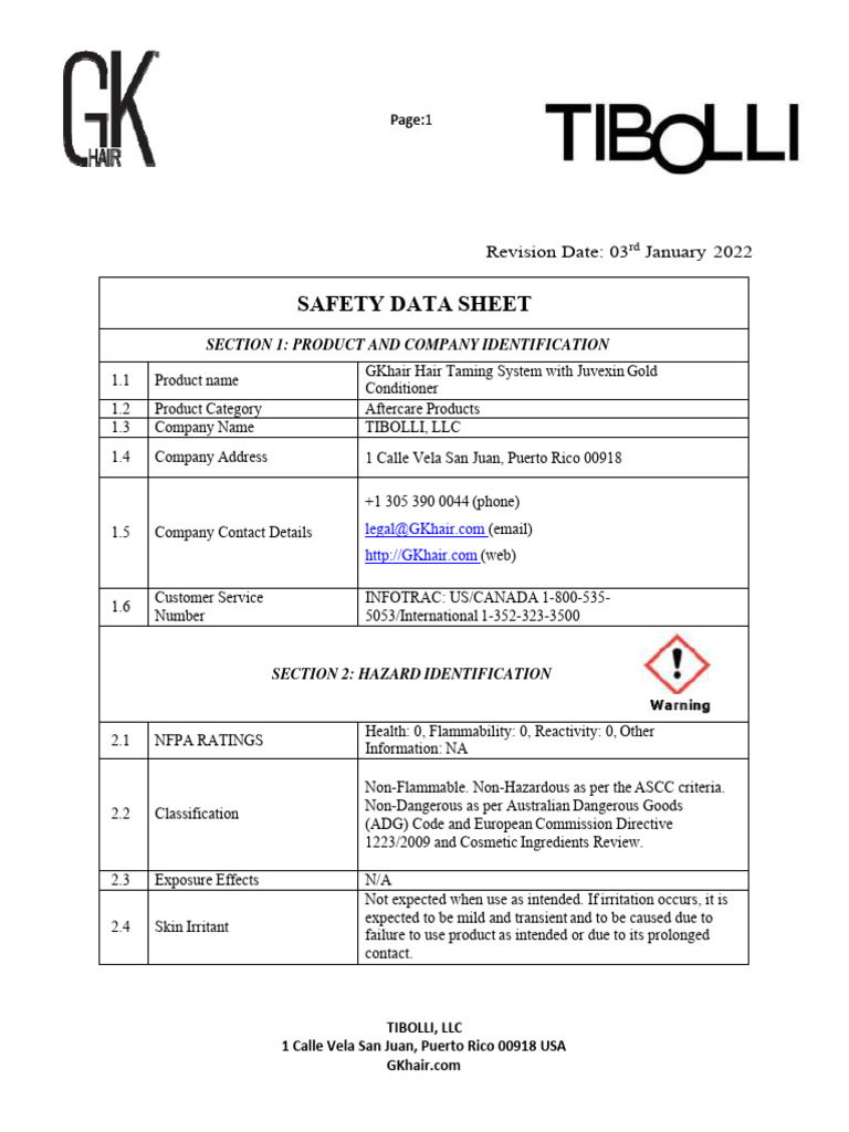 GKhair Conditioner Safety Data Sheet | PDF