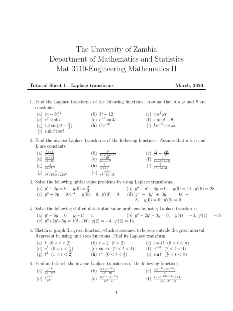 Laplace Transforms Tutorial Sheet | PDF | Laplace Transform ...