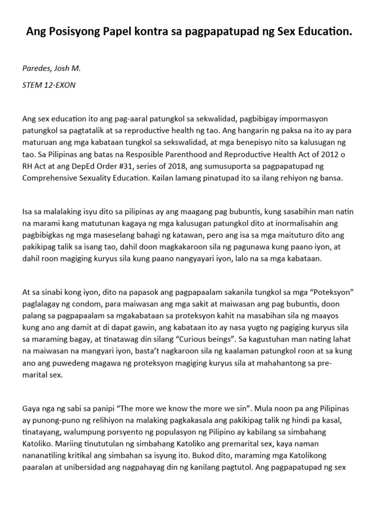 Ang Posisyong Papel Kontra Sa Pagpapatupad Ng Sex Education Pdf