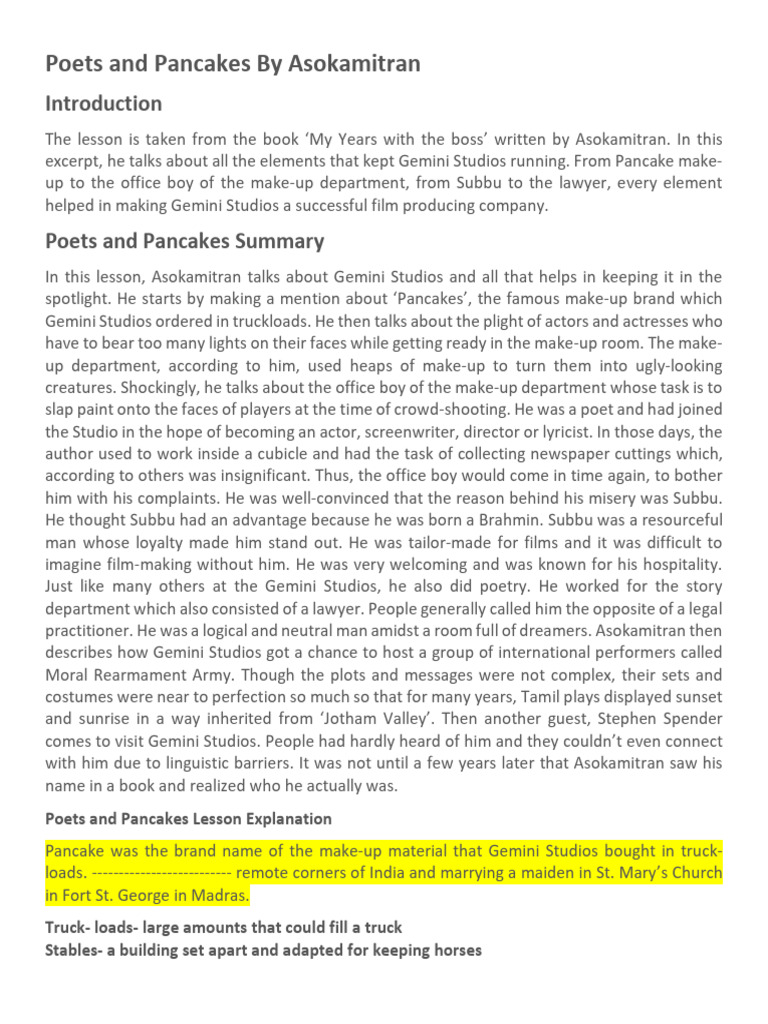 Poets and Pancakes by Asokamitran | PDF