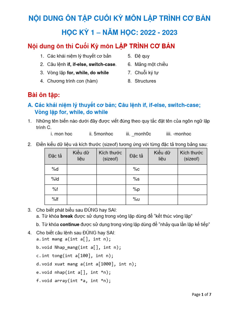 OnTap - Cuoi Ky - HK1 - 2022 - 2023 | PDF