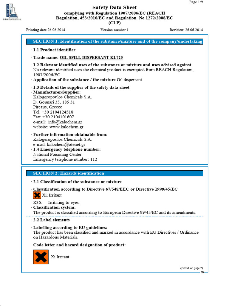 MSDS Oil Spill Dispersant KL725 (GB) | PDF