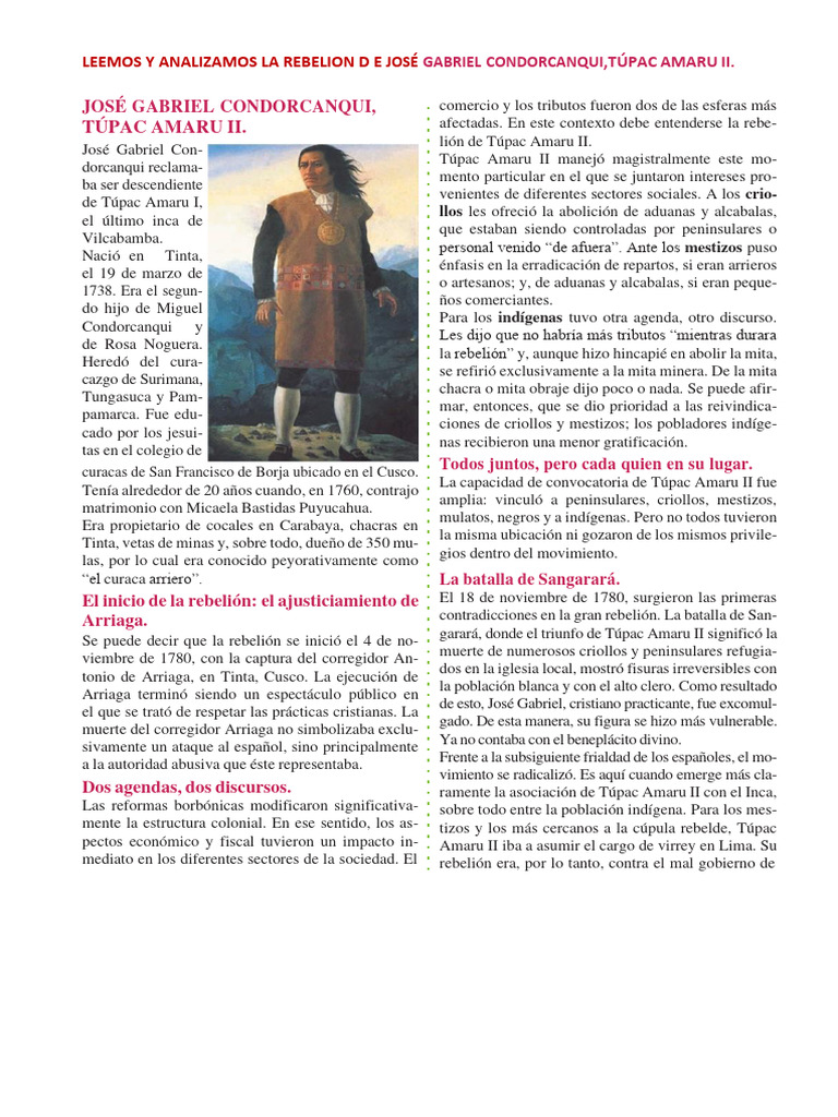 Rebelión de José Gabriel Condorcanqui para Tercero A, B | Descargar gratis PDF | Comunidad ...