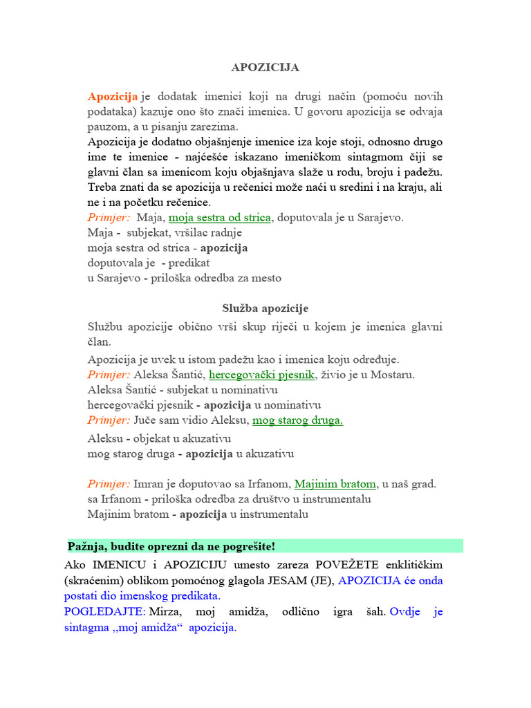 Apozicija 7. Razred Lekcija | PDF