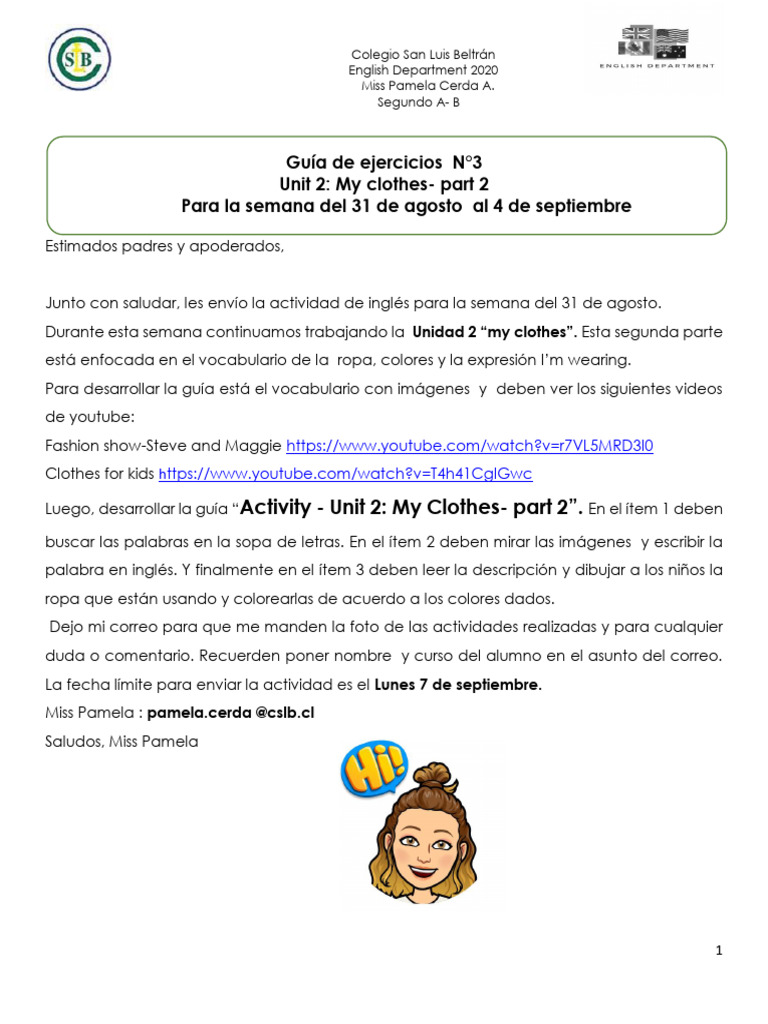 INGLÉS - Guía de Ejercicios N°3 Segundo Básico Unidad 2 My Clothes Part 2 | PDF
