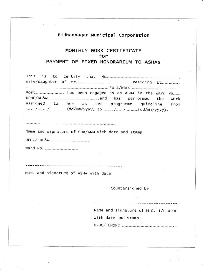 Monthly Work Certificate ASHA | PDF