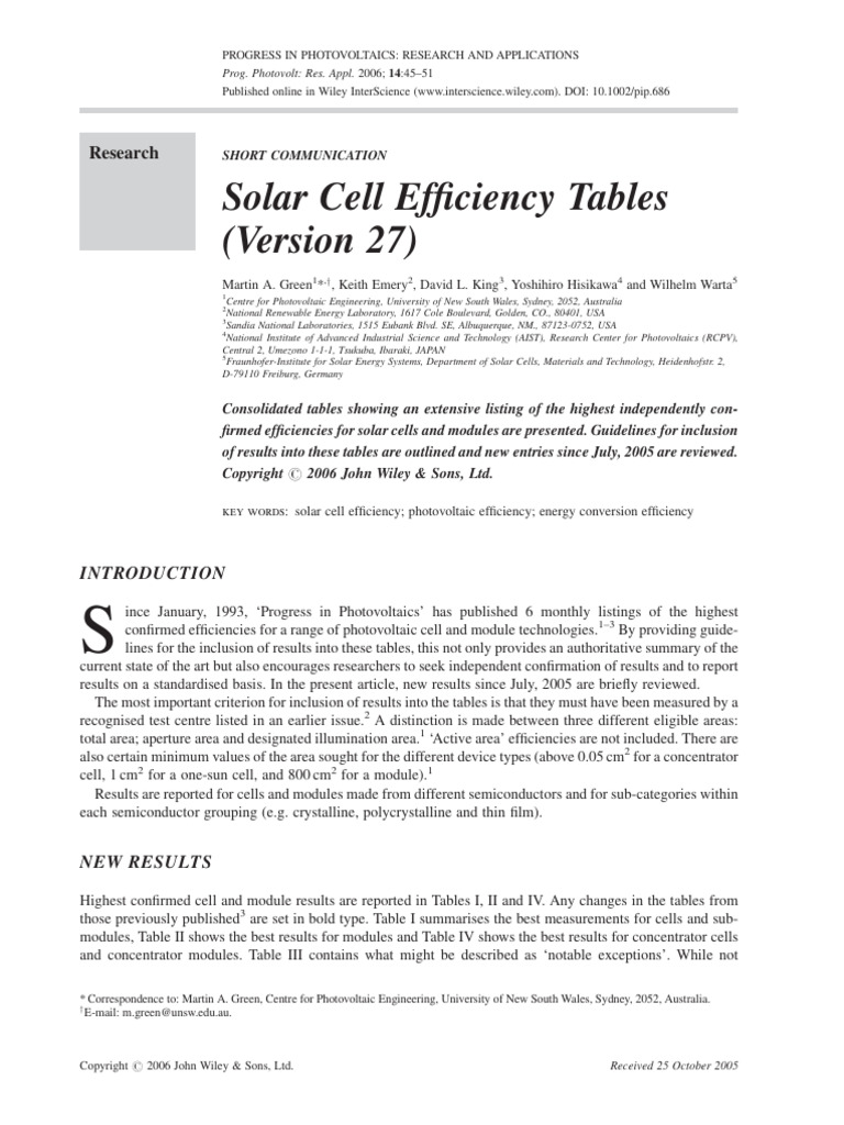 - Solar Cell Efficiency Tables (2006) | PDF