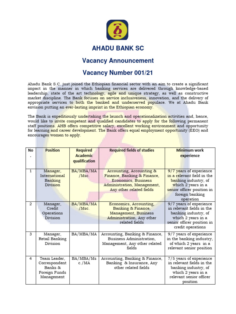 Ahadu Bank SC Vacancy Announcement Vacancy Number 001/21 | PDF | Banks ...