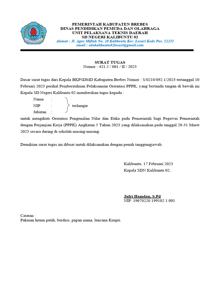 Surat Tugas Orientasi PPPK 2023 | PDF