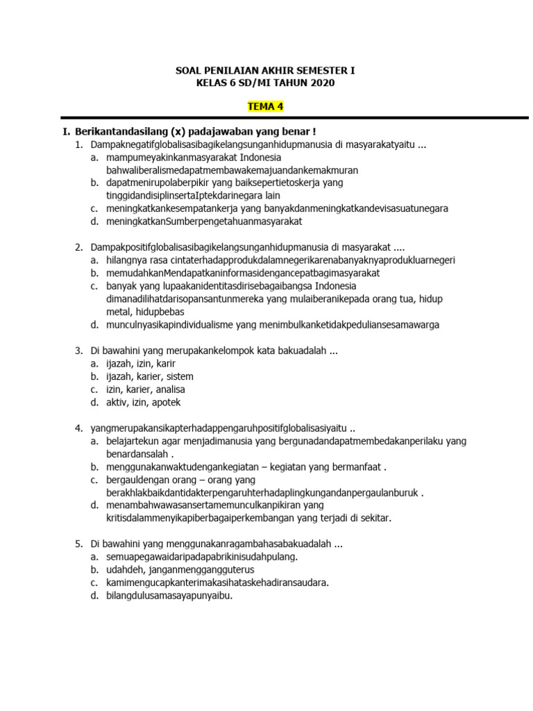 Soal PAS Kelas 6 Sem 1 Tema 4 - Kamimadrasah | PDF