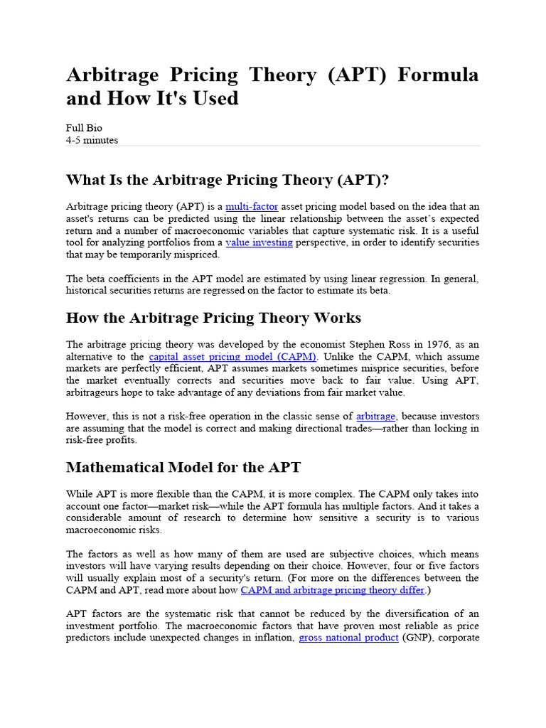Arbitrage Pricing Theory, CAPM | PDF | Capital Asset Pricing Model | Beta (Finance)