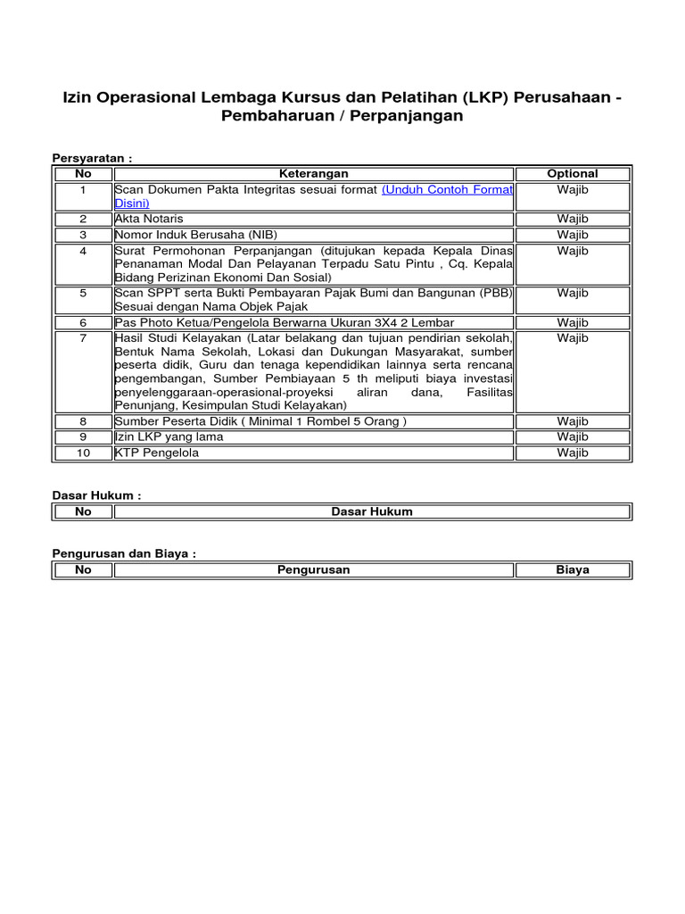Izin Operasional Lembaga Kursus Dan Pelatihan LKP Perusahaan - Pembaharuan - Perpanjangan | PDF