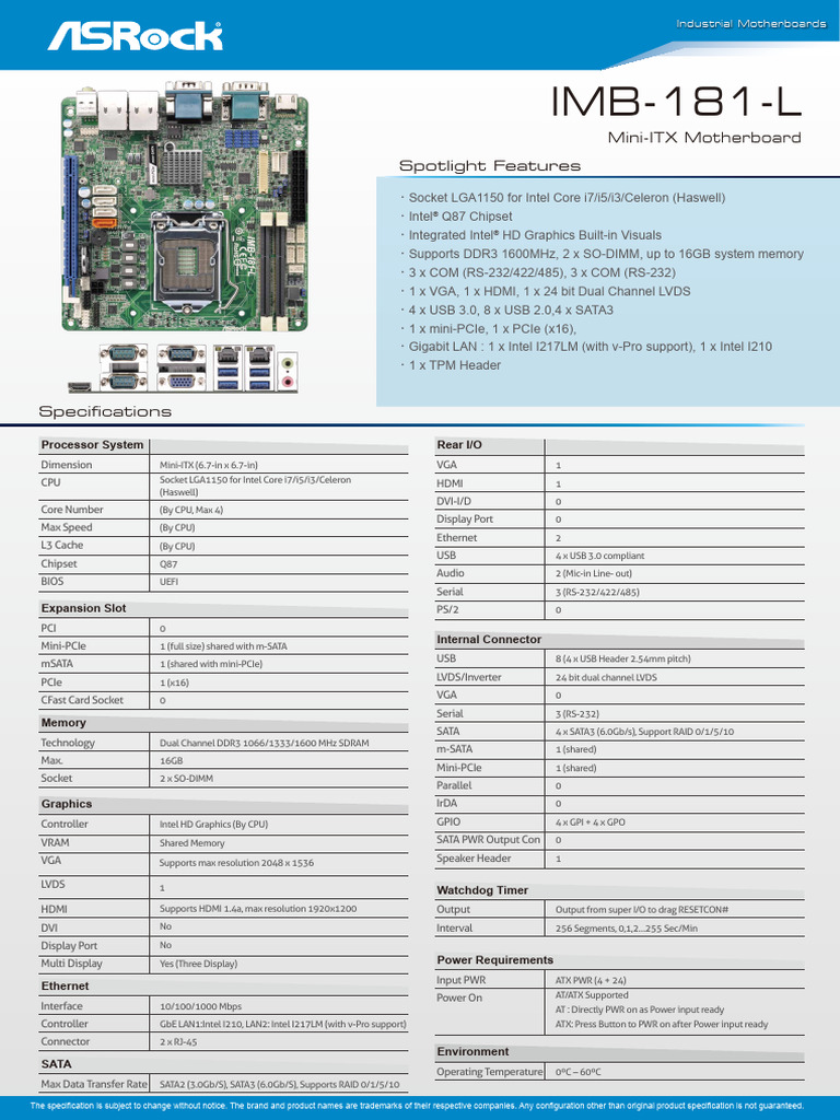 IMB-181-L: Mini-ITX Motherboard Spotlight Features | PDF