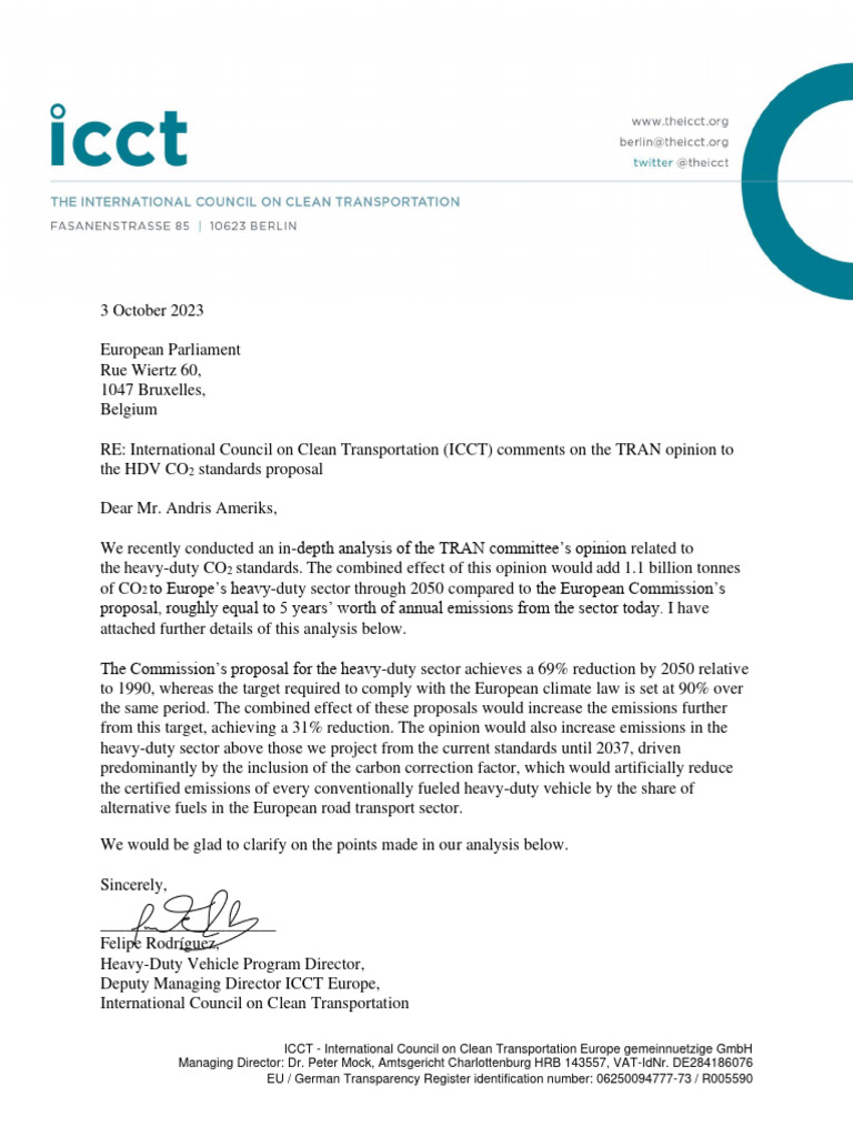 ICCT Comments On The TRAN Opinion To The HDV CO2 Standards Proposal | PDF