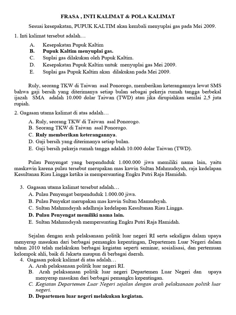 Frasa, Inti Kalimat& Pola Kalimat | PDF
