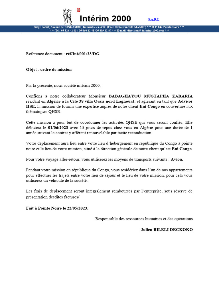 Modèle Lettre Ordre de Mission | PDF