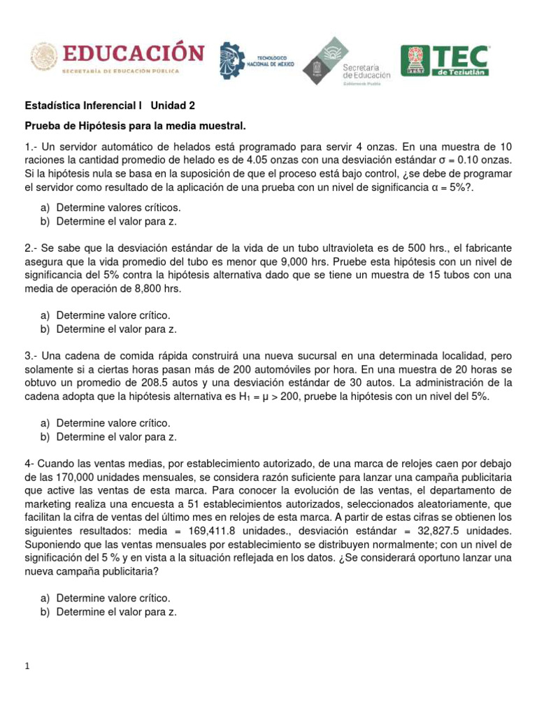 Ejercicios de Pruebas de Hipótesis | PDF